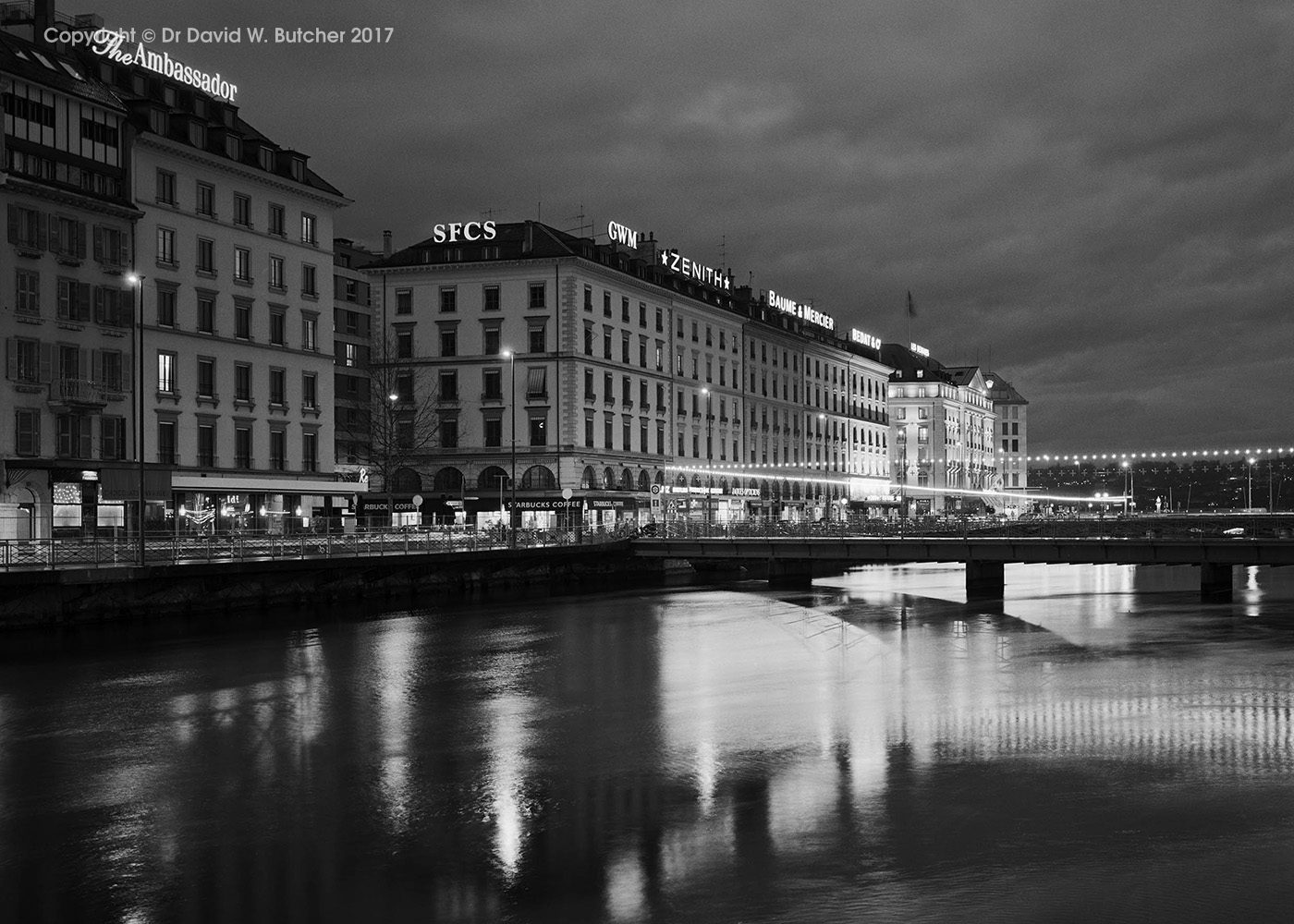 Geneva Waterfront from Quai des Moulins at Night, Switzerland - Dave ...