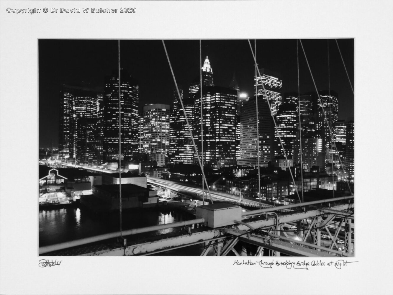 USA, New York Manhattan Through Brooklyn Bridge Cables at Night 40x30cm ...